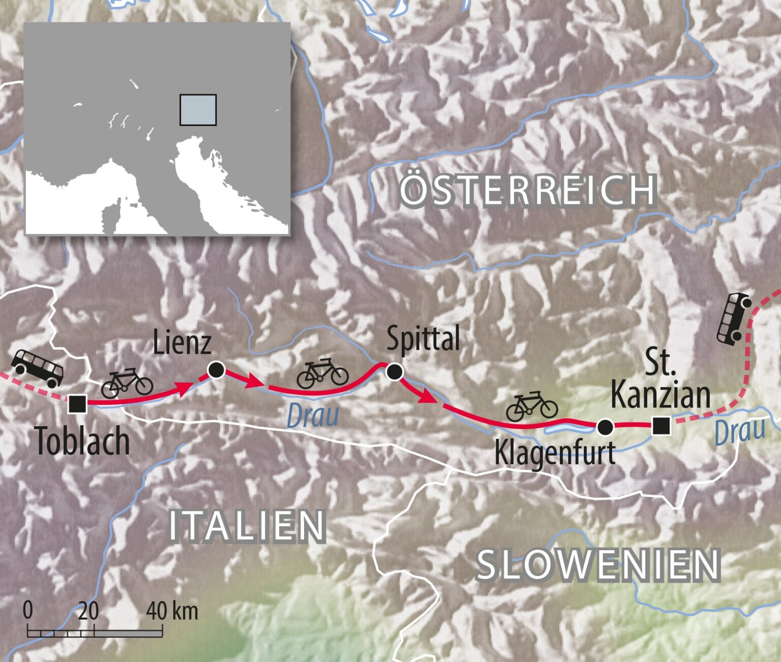 Radreise Drauradweg Toblach St. Kanzian entlang der Drau